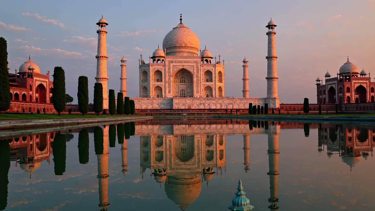 Wide-angle shot of the Taj Mahal at sunset, reflecting in the water ...