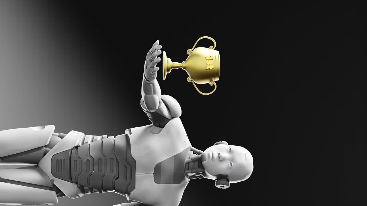 Prototype Humanoid Cyber Robot Prototype Holding A Prize Cup Golden ...