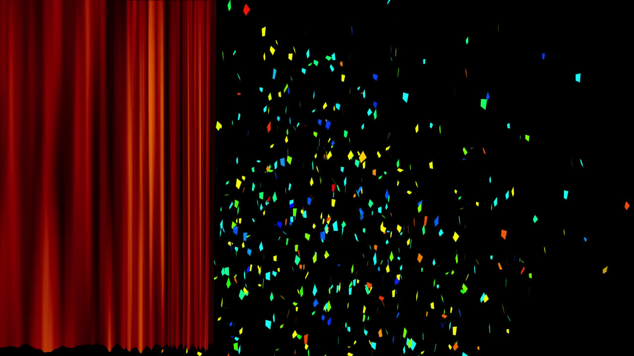 Animation of multi coloured confetti falling and red curtain opening Premium Stock Video Footage