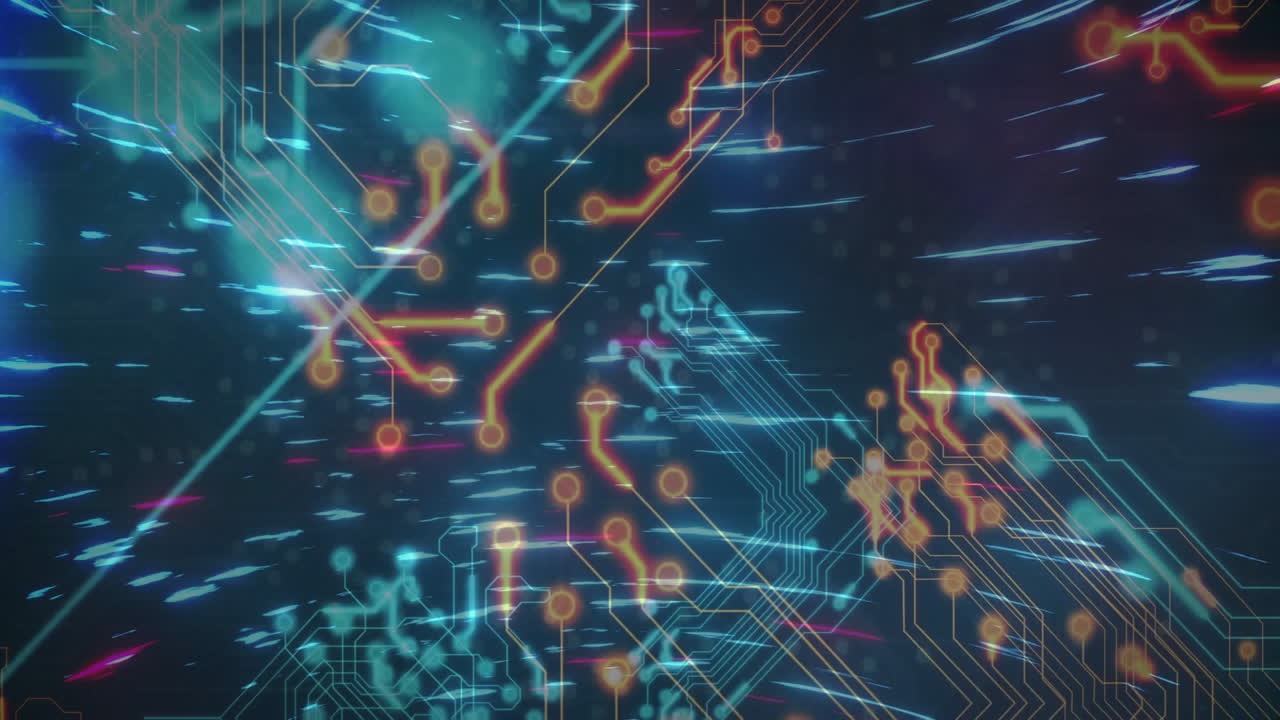 Circuit board and data flow animation over abstract digital background ...