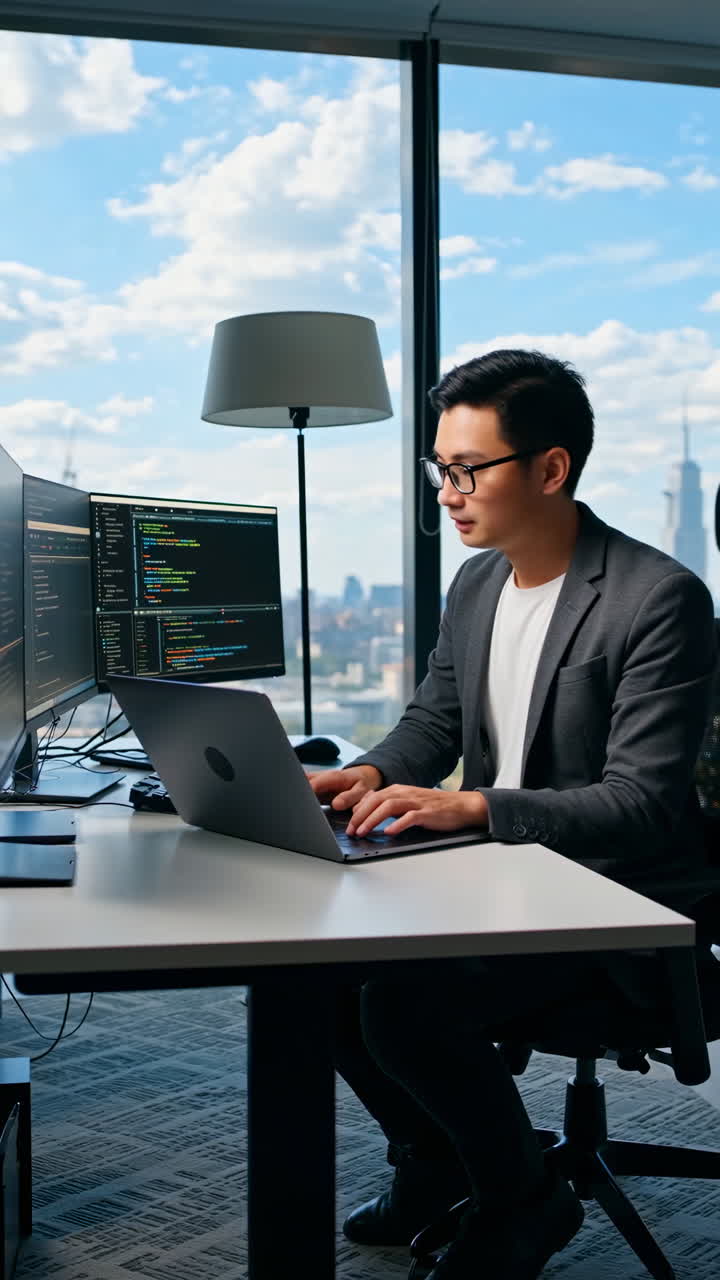 Software Developer Working on Laptop with Multiple Monitors in a Modern ...