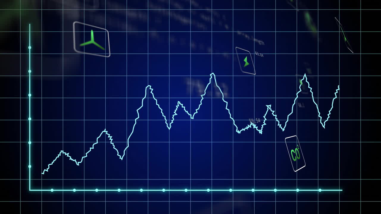 Animation of financial graph fluctuating with digital icons on blue ...