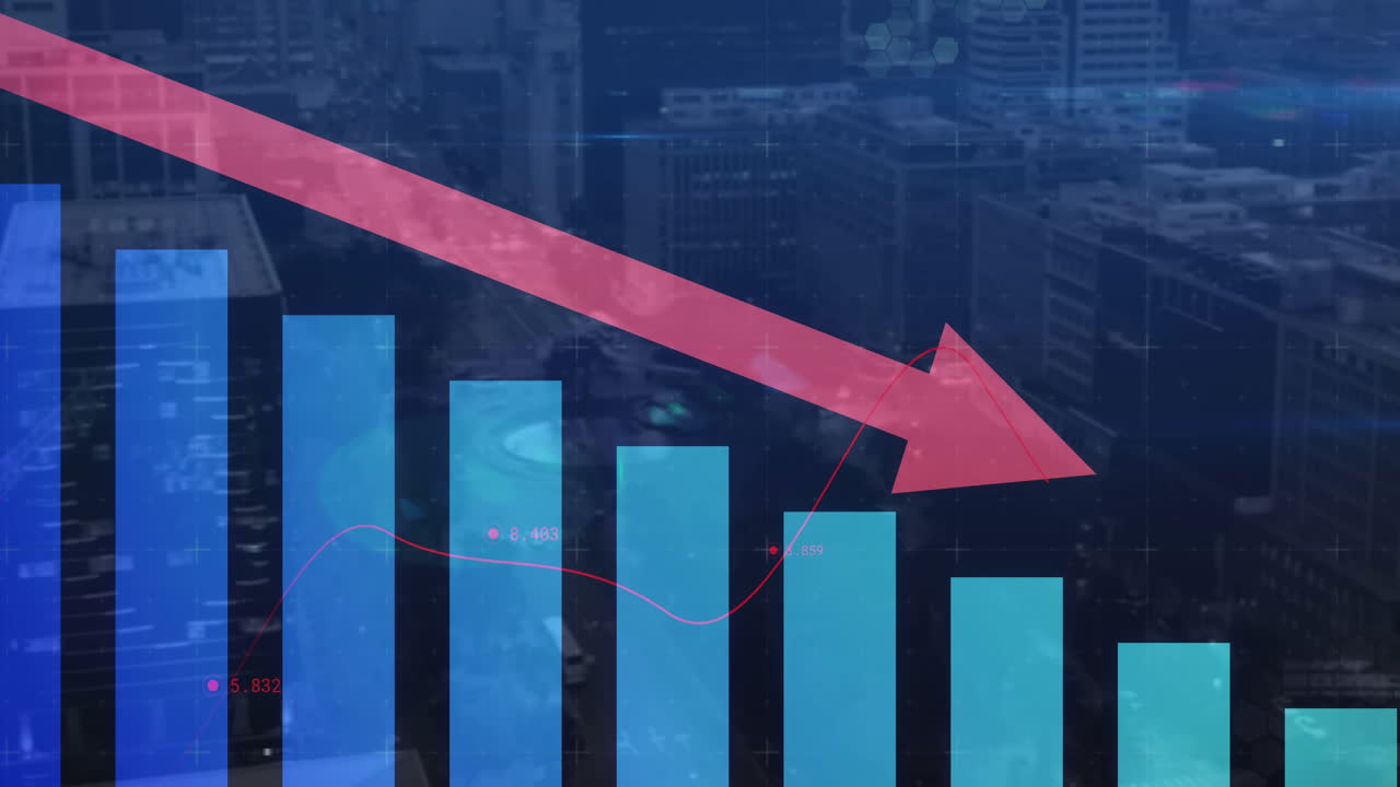 Animation of red arrow with statistics processing over cityscape ...