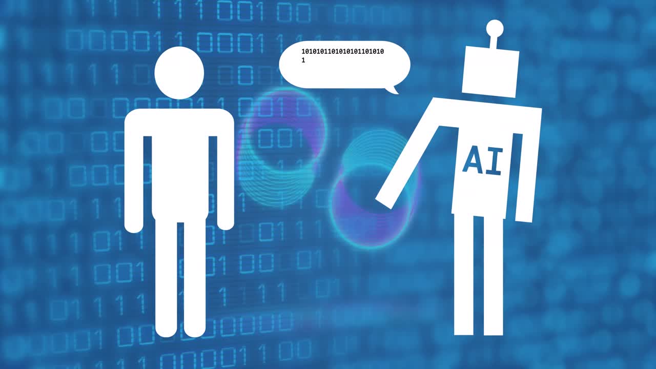 Premium stock video - Animation of ai data processing over binary coding with ai icons