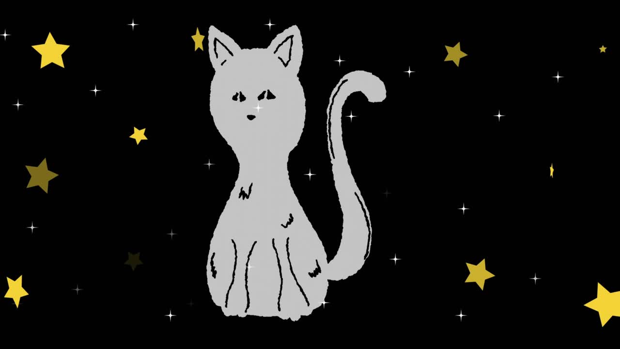 Loop starting sketch grey cat sitting while gold stars flickering to ...