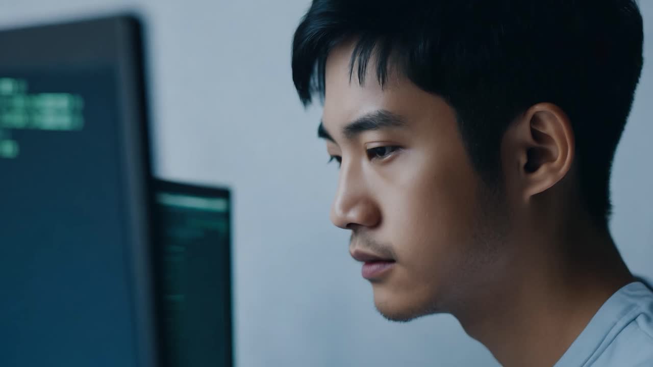 Young asian programmer working on software development at night ...