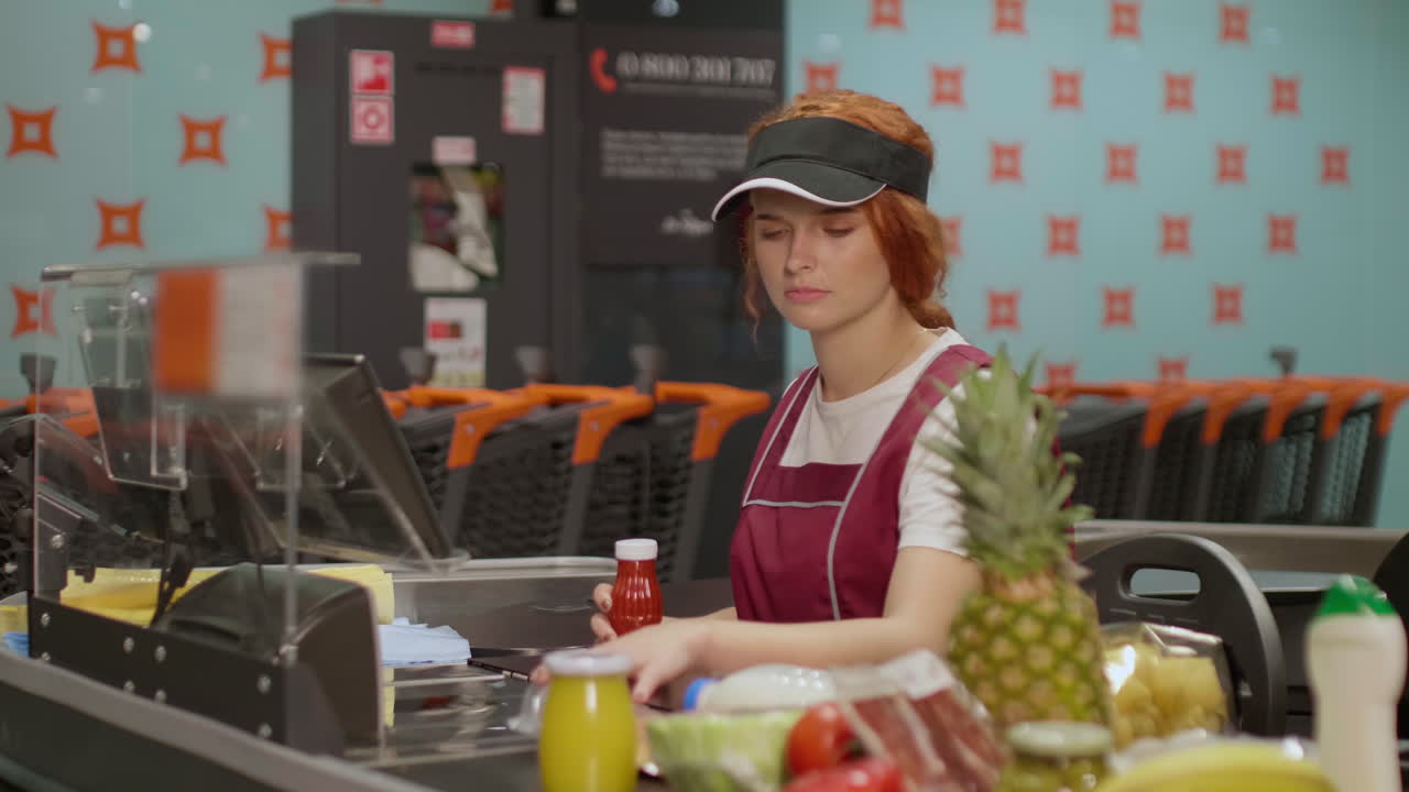 Young Sales Clerk Woman Working In A Supermarket Free Stock Video Footage