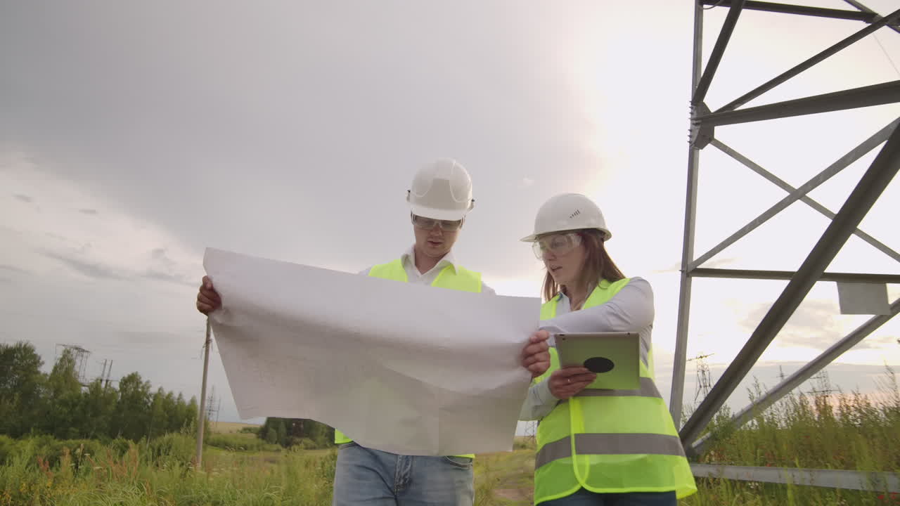Two electricians work together standing in the field near electricity ...