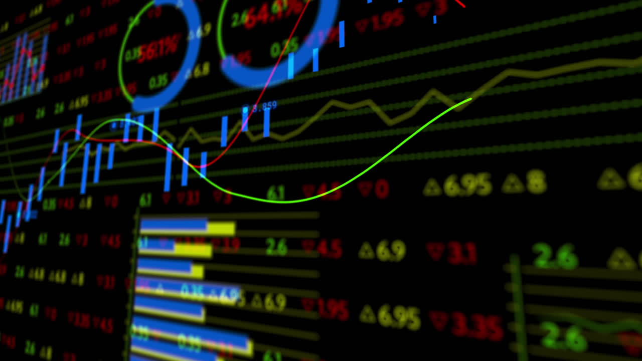 Animation of stock exchange display board with graphs and numbers ...