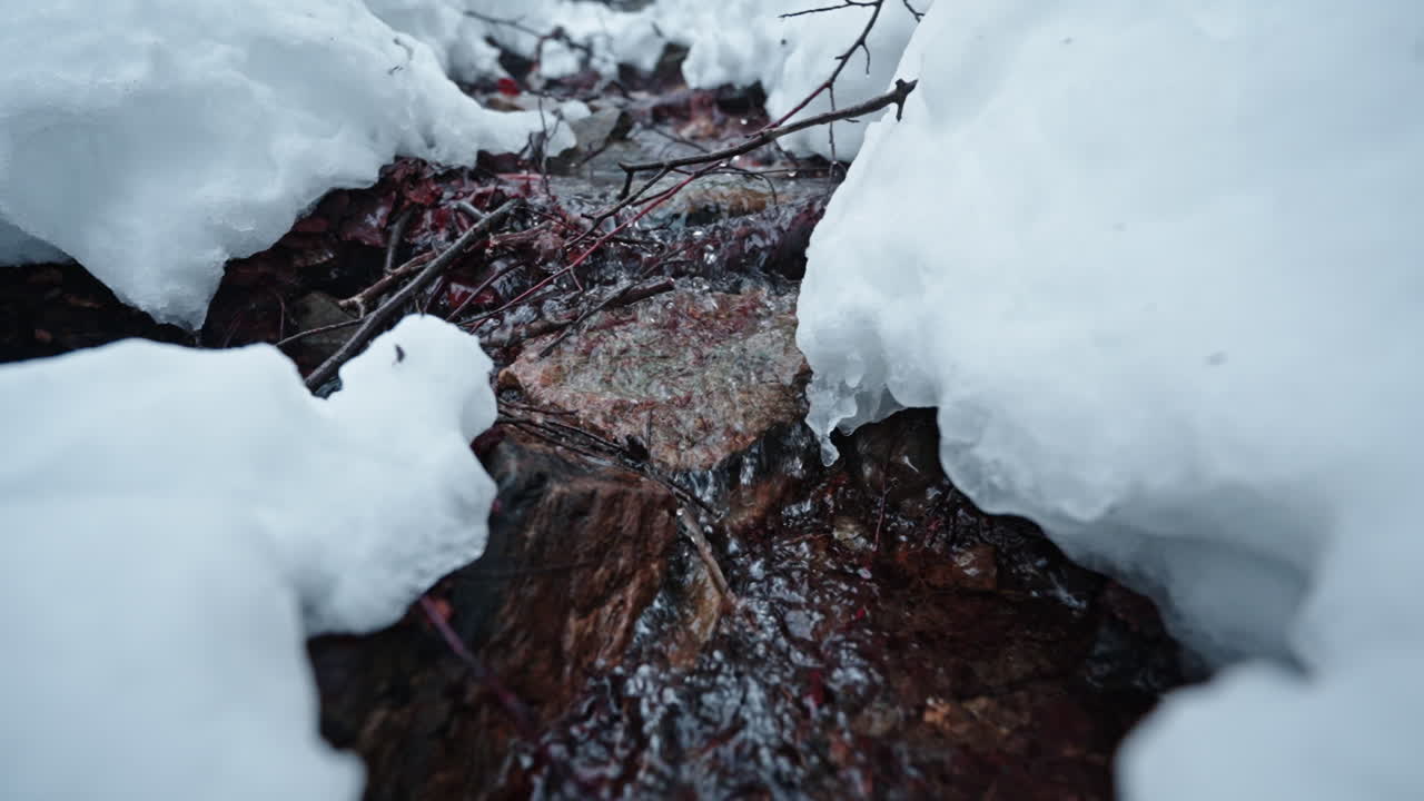 Melting snow reveals a rocky stream flowing through a winter landscape ...