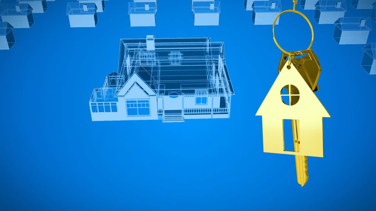 Premium stock video - House keys and key fob hanging over 3d house ...