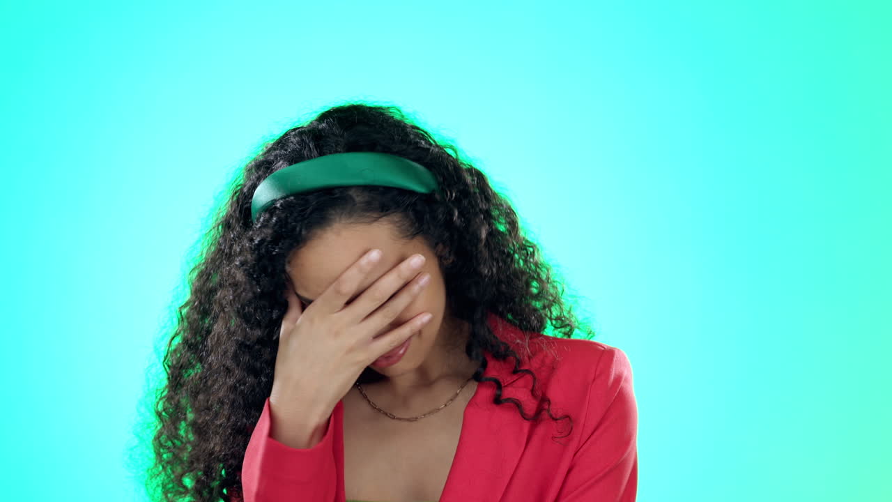 Premium stock video - Nervous, embarrassed and hide with face of woman