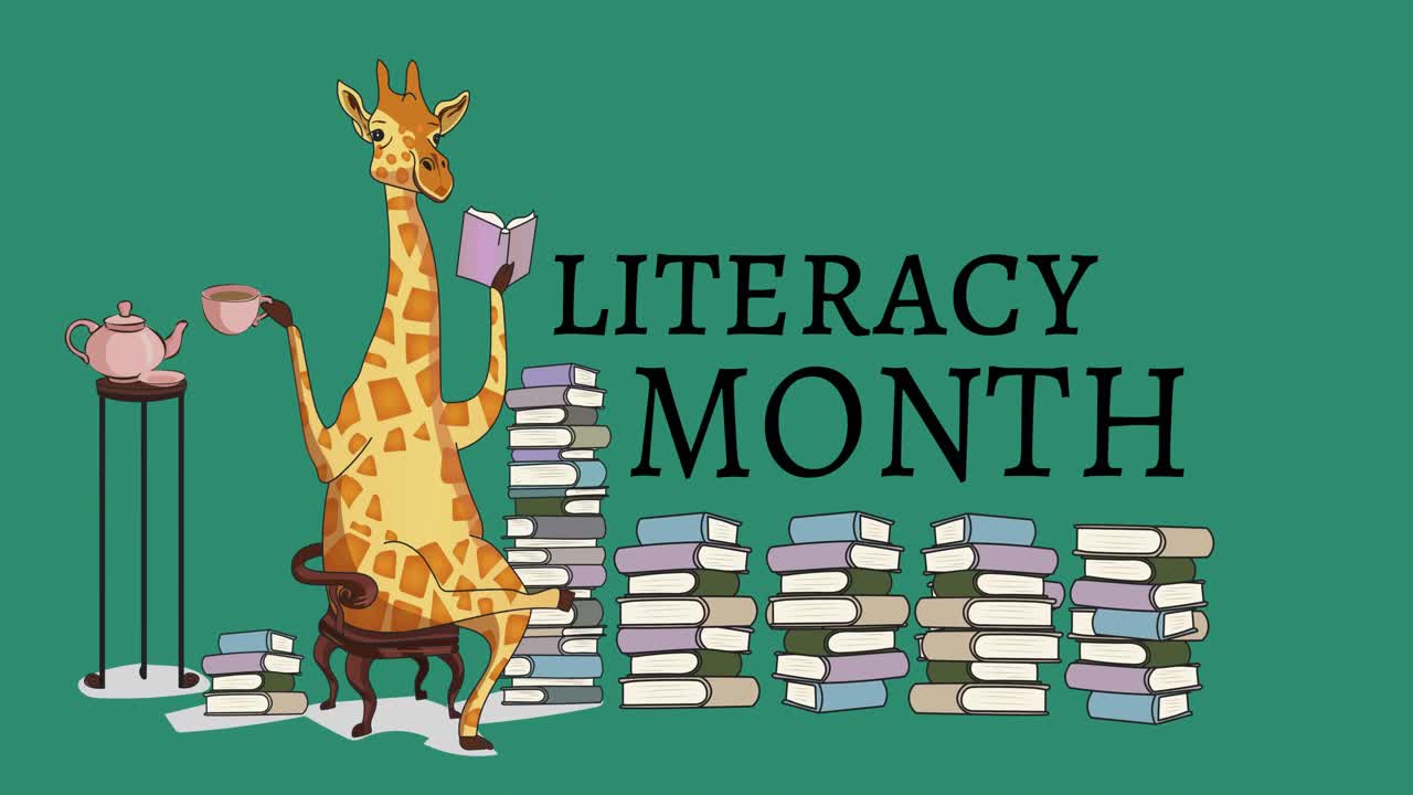 Animation of literacy month text over giraffe reading books icons ...
