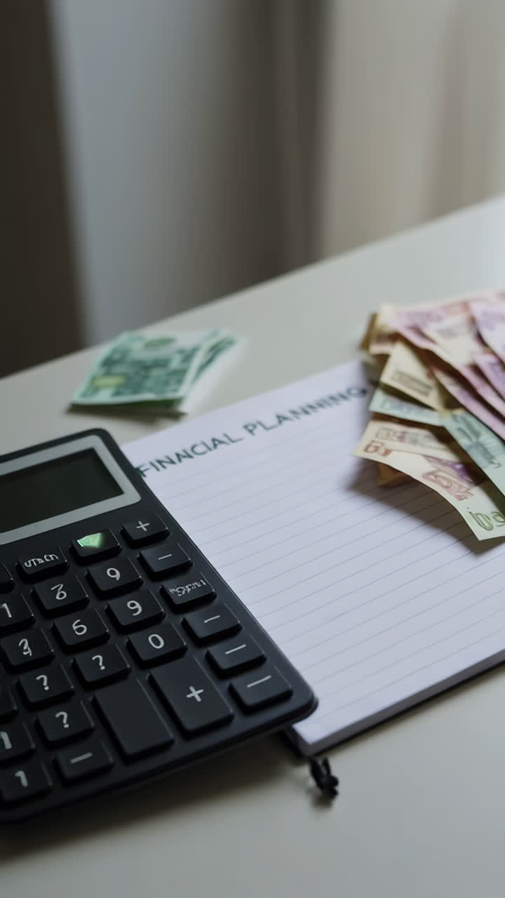 Financial Planning with Calculator and Money | Vídeo de stock Premium