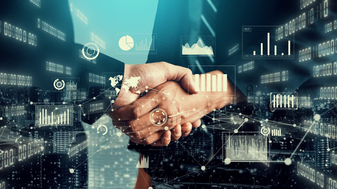 Imaginative visual business handshake with computer graphic of ...