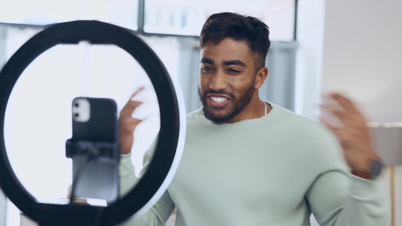 Live streaming, influencer and vlogger with man | Premium Stock Video ...
