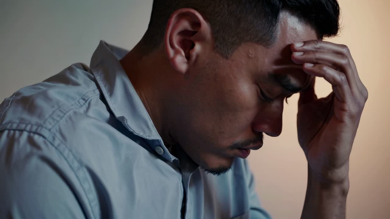 Close-up side angle of a man in deep thought, captured in a cinematic ...