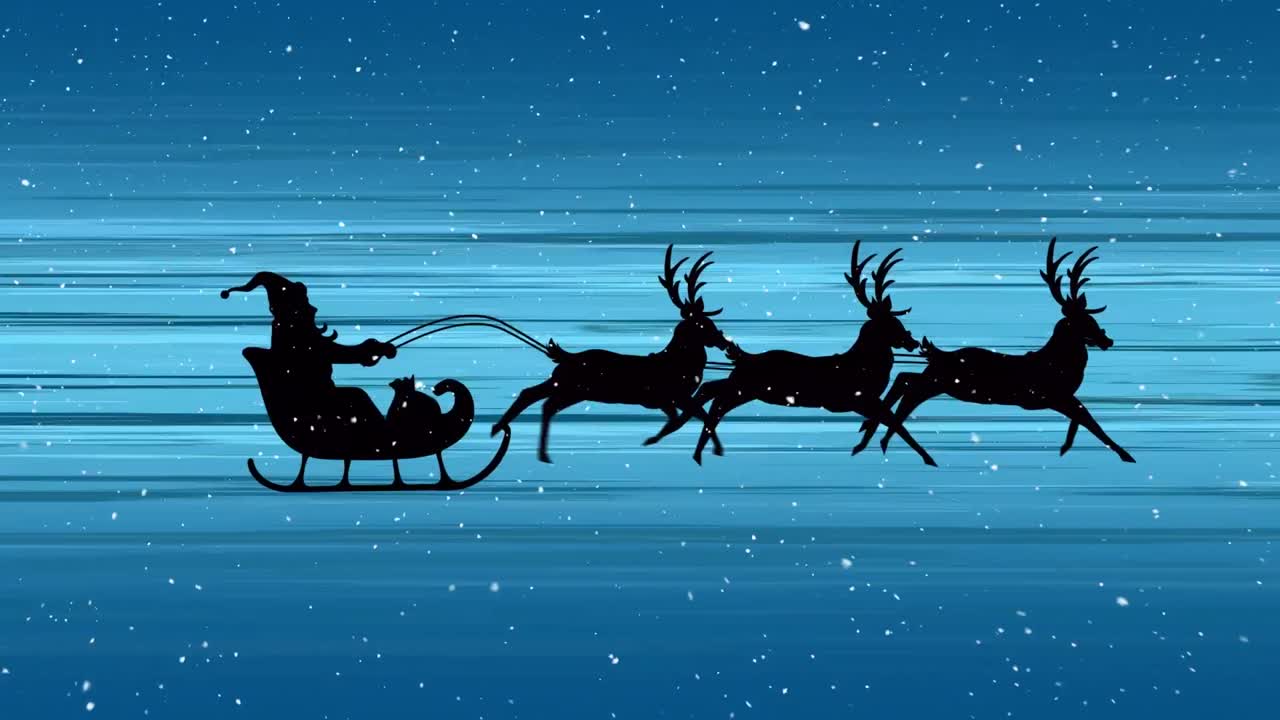 Snow falling on santa claus in sleigh being pulled by reindeers over ...