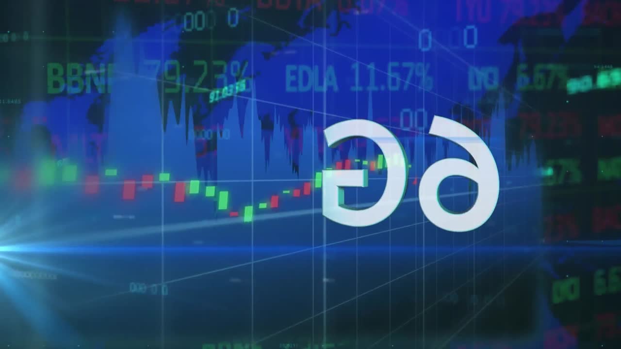 Animation Of 6g Text Over Multiple Graphs, Map And Trading Board Against Black Background Free ...