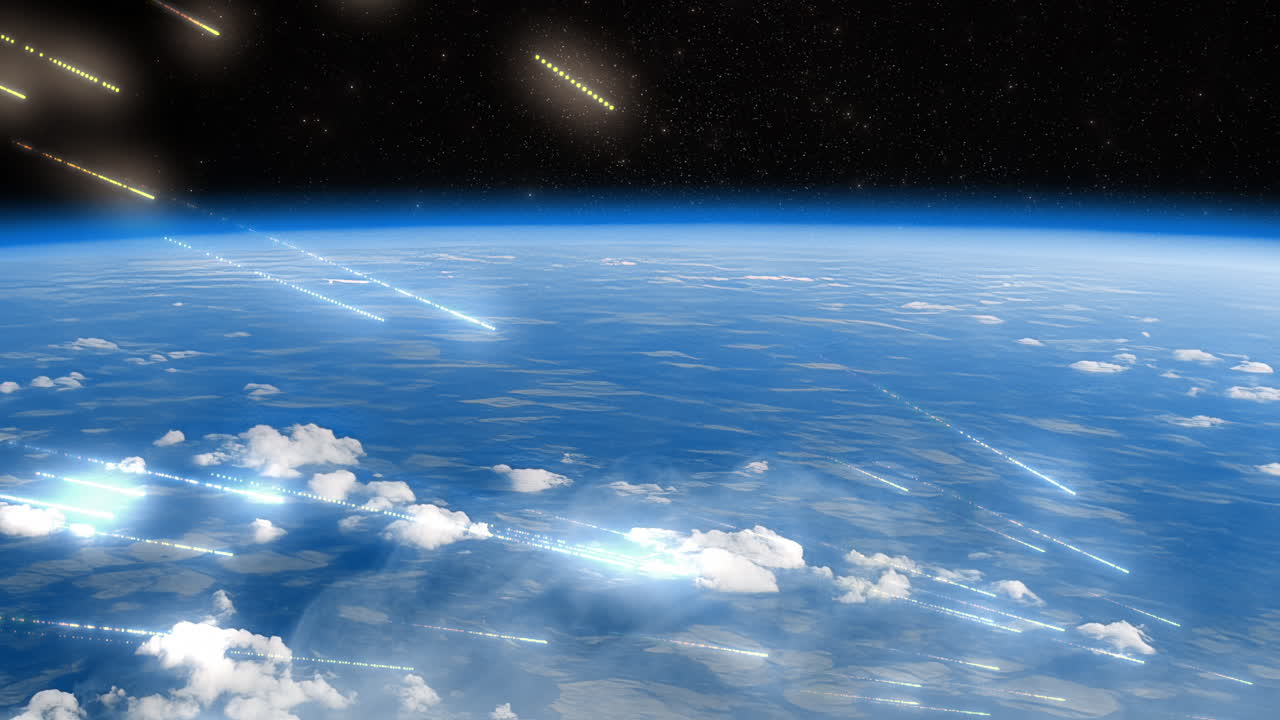 Dozens of glowing meteors streaking through the atmosphere | Premium ...