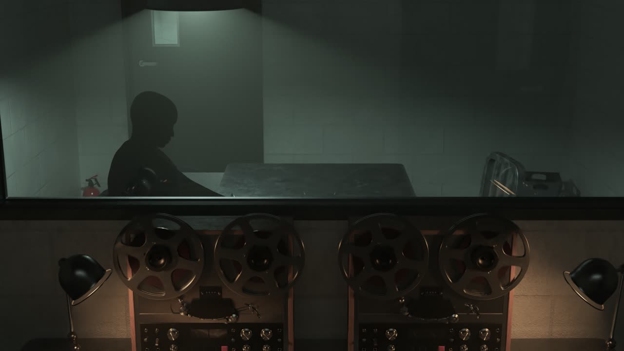 Premium stock video - Interrogation room behind one-way mirror glass ...