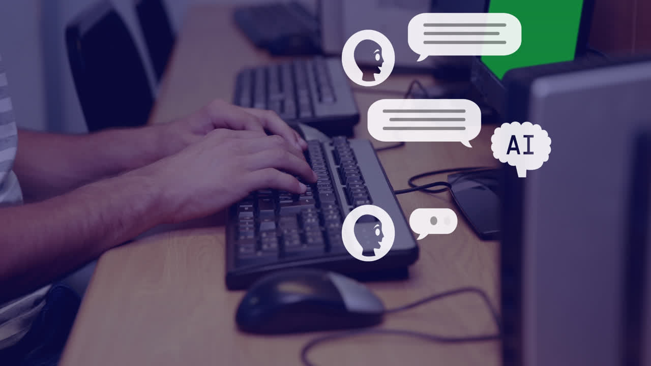 Premium Stock Video Animation Of Ai Data Processing Over Caucasian Man Using Computer