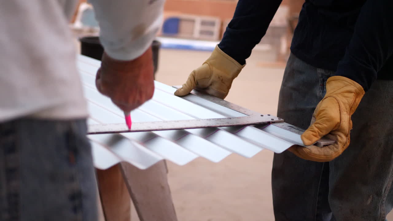 Construction workers on a crew measuring sheet metal with a straight ...