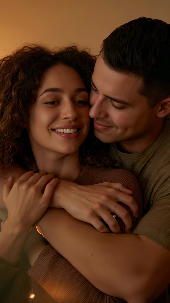 Vertical video: Coming man hugging woman in sweater at home nuzzling ...