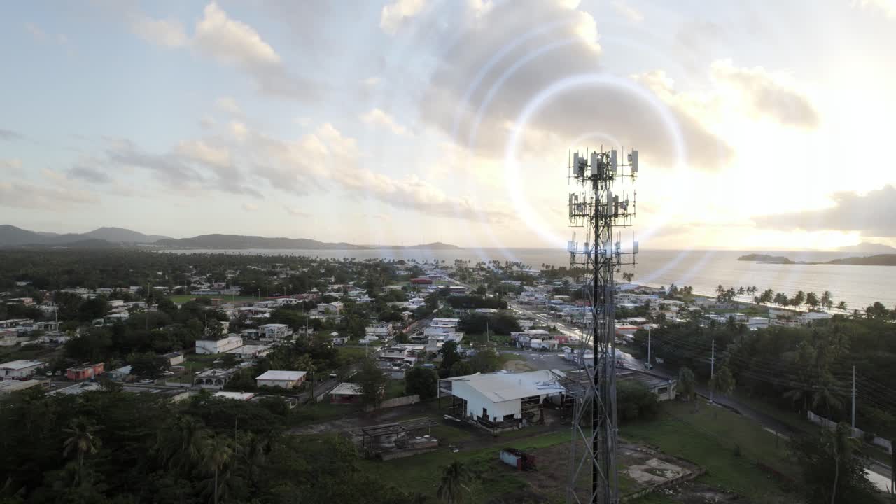 Premium stock video - Radio tower waves animated drone video