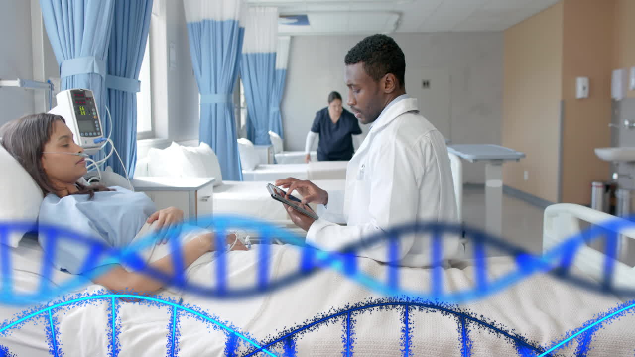 Animation of dna strands over diverse male doctor and patient in ...