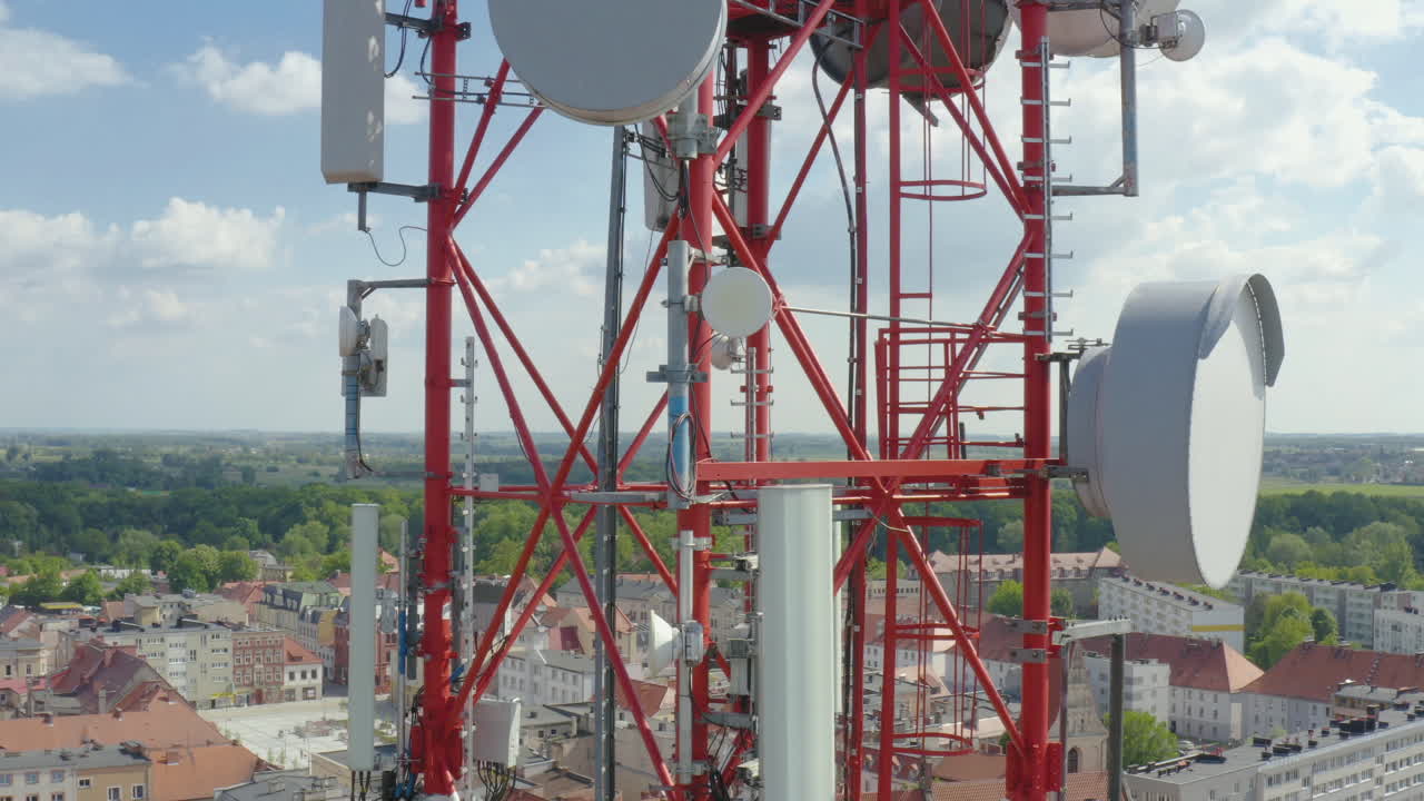 Premium stock video - Aerial drone view of gsm and radio telecommunication tower