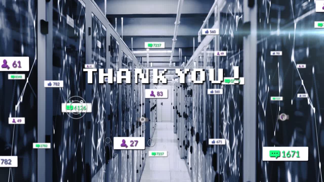 Animation Of Thank You Text And Numbers Growing Over Server Room Free ...