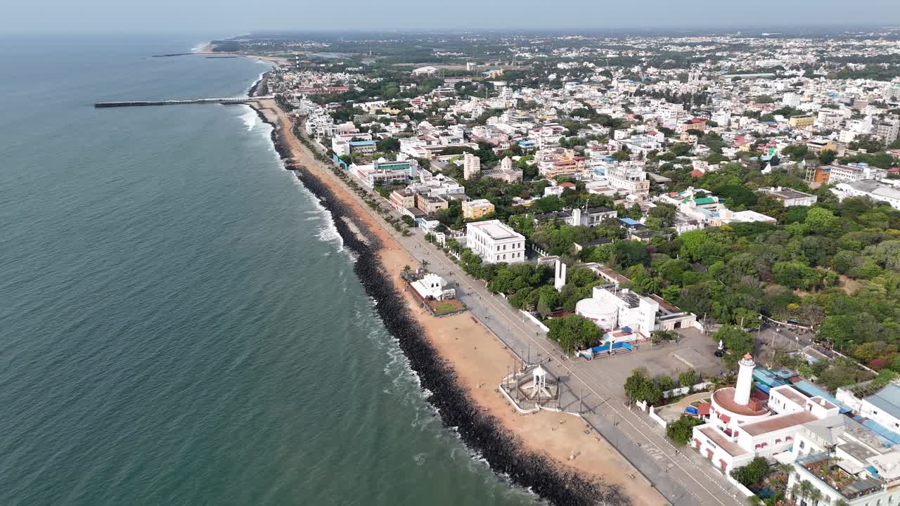 A beautiful aerial view of Puducherry from the Bay of Bengal at sunrise ...