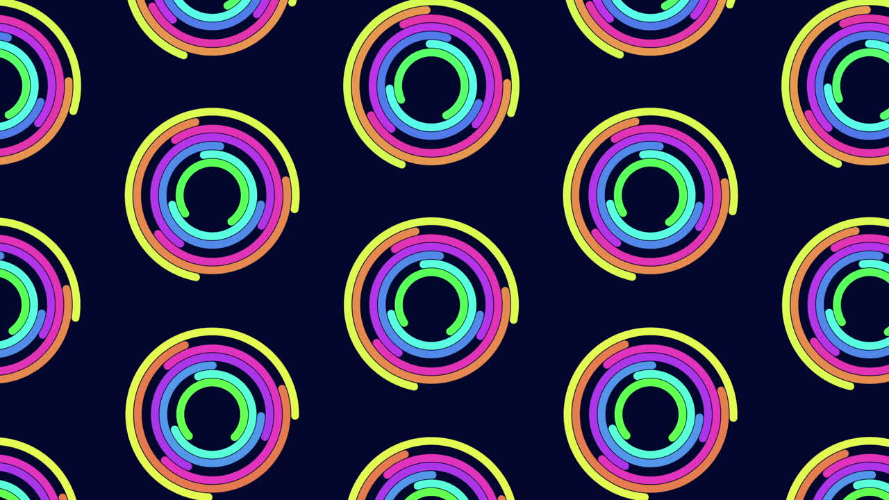 Premium stock video - Neon futuristic rainbow rings pattern on black space