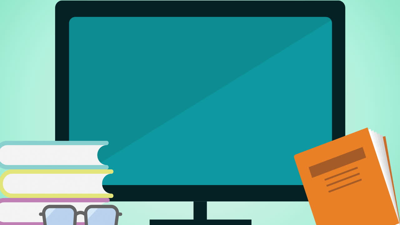 animation of digital books and computer icons on green background | freepik