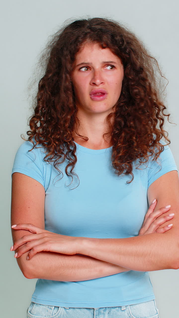 Woman shaking head gesture expressing disbelief disagreement rejection ...