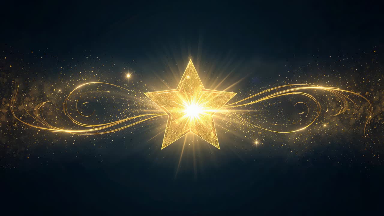 Pulsing golden 5-point star casting rays, sparking swirls and dust ...