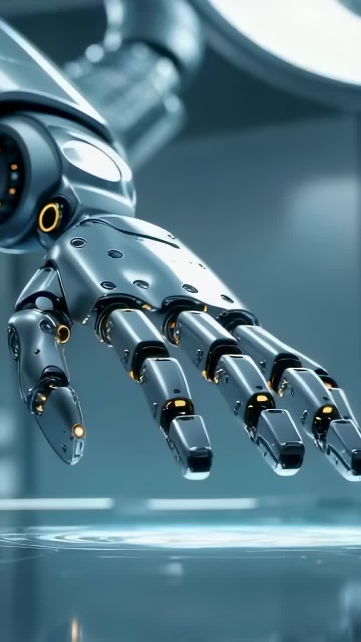 Vertical video: Hovering robotic hand lowering to pad in lab flexing ...