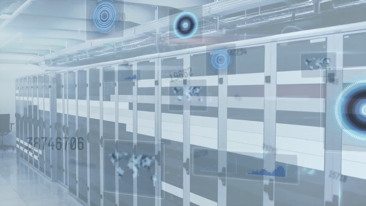 Multiple Changing Numbers And Round Scanners Against Empty Computer Server Room Free Stock Video ...