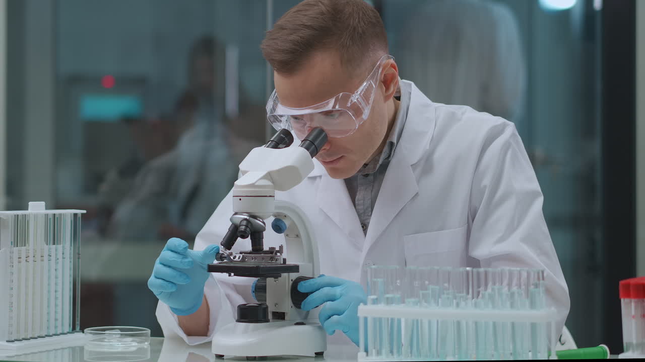 Genetic engineer is exploring analysis in laboratory looking in ...
