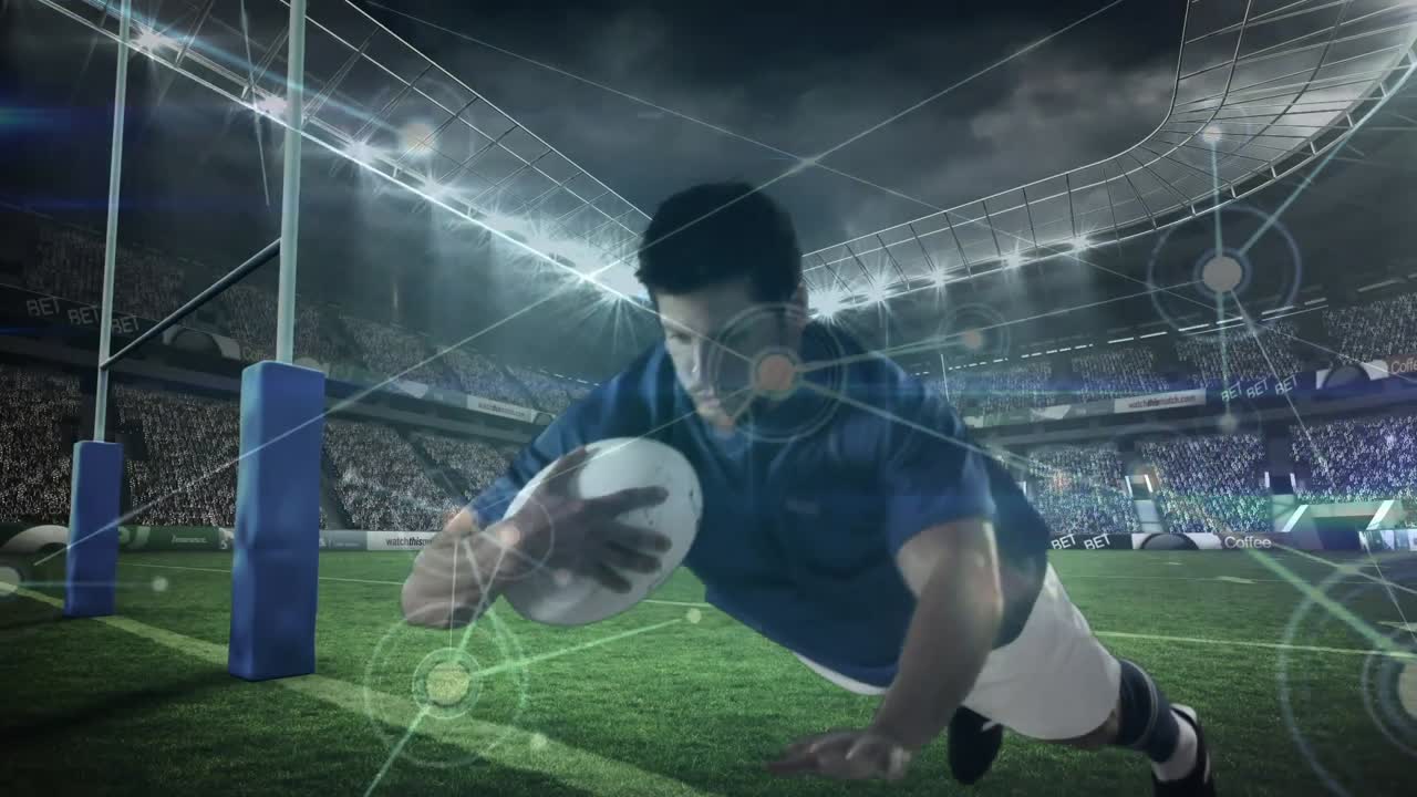 Rugby Player Diving To Score In A Big Stadium With Light Connections On ...