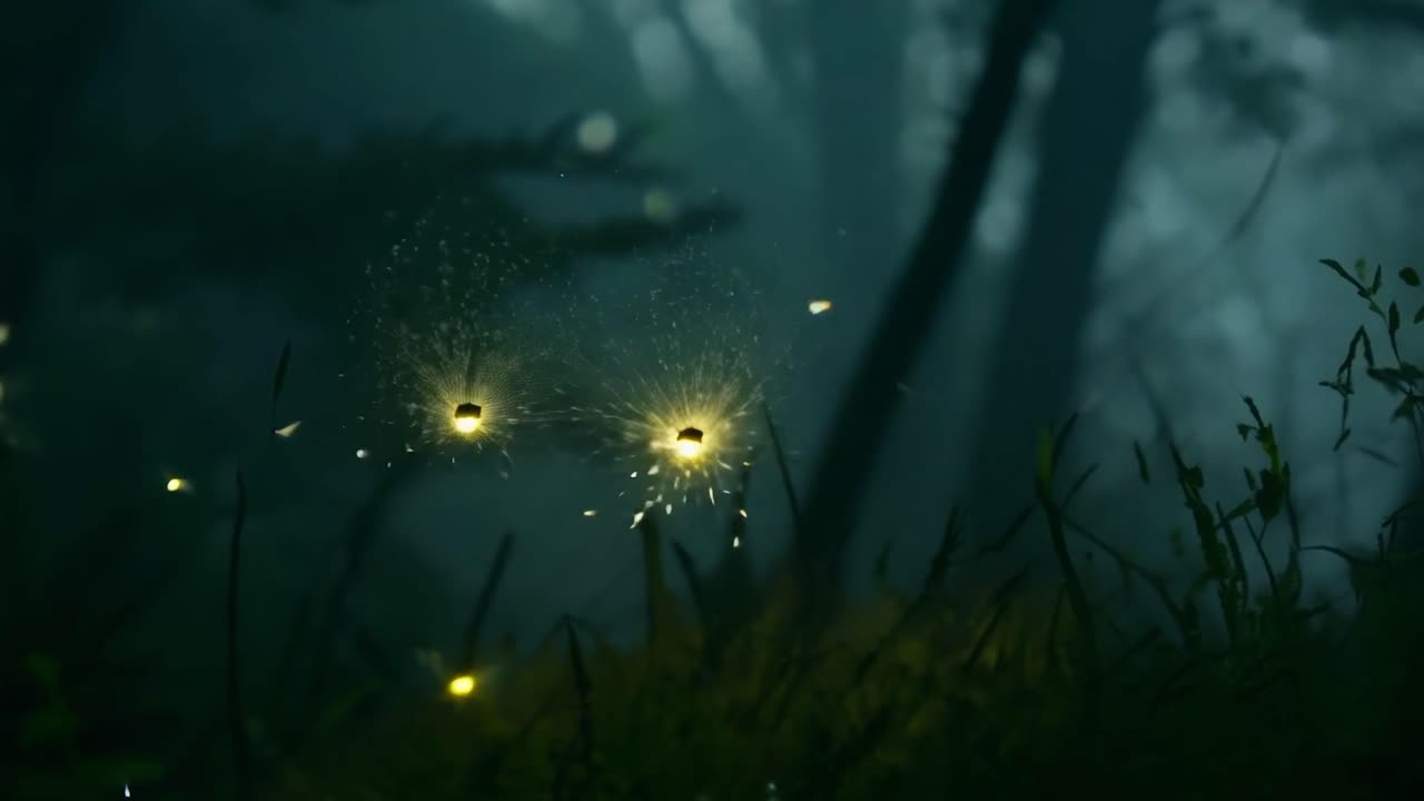 Premium stock video - Fireflies in a forest at night