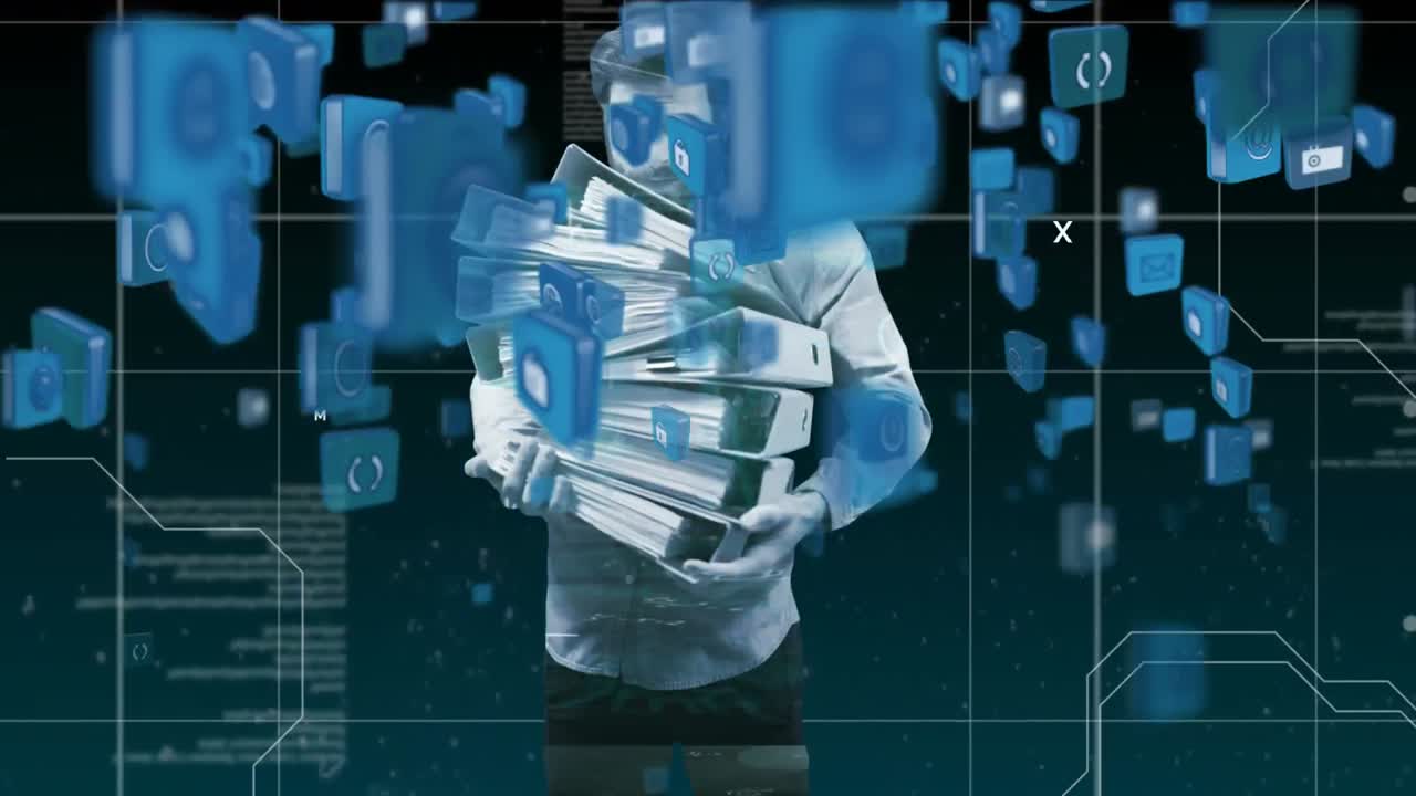 Premium stock video - Internet icons against a man holding files