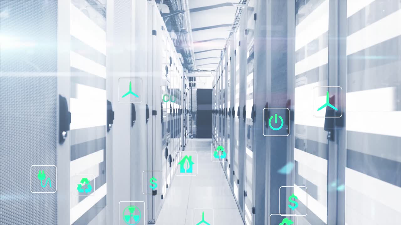 Animation Of Multiple Icons And Lens Flares Over Data Server Racks In ...