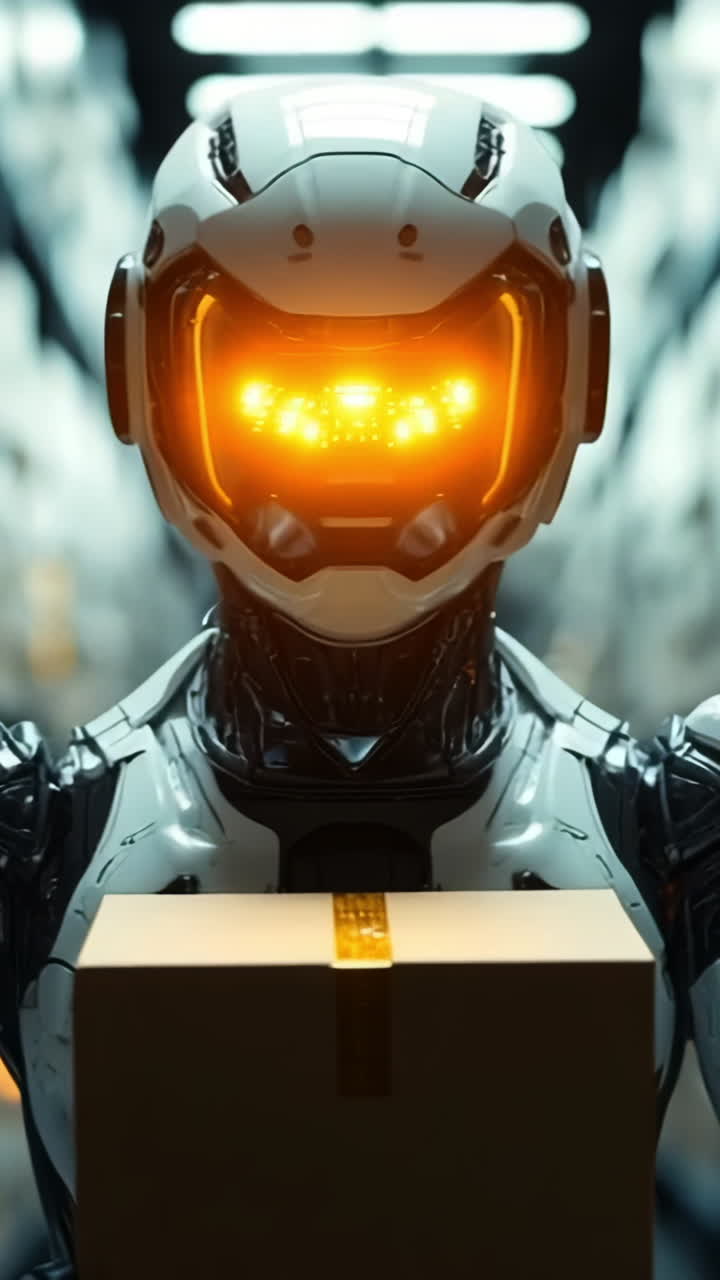 Robot in warehouse with boxes. a humanoid robot stands in a warehouse holding a cardboard box ...