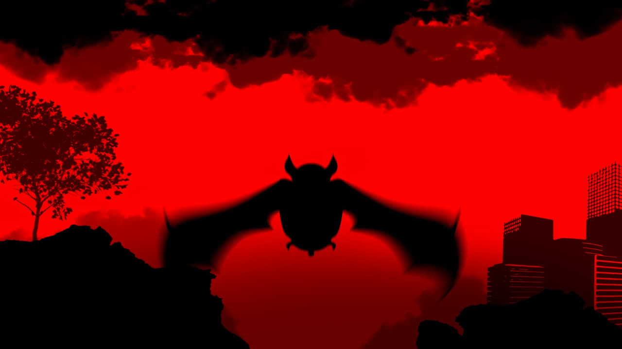 Silhouette of bat flying over red sky with cityscape and tree | Premium ...