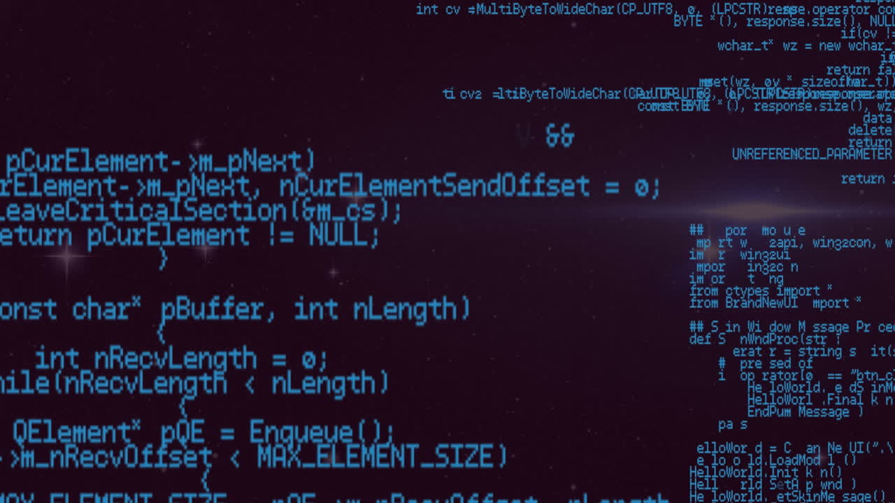 animation of looping computer language over lens flares against black ...