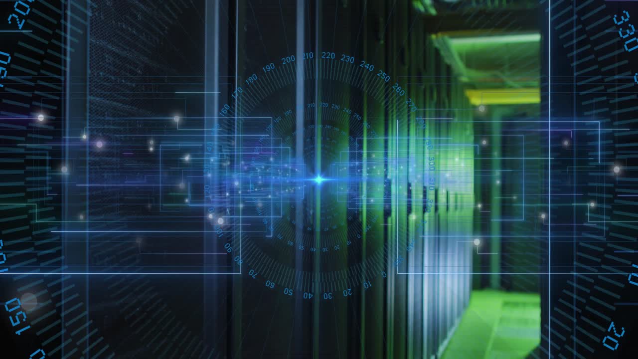 Animation Of Blue Round Scanner And Light Trails Against Computer Server Room Free Stock Video ...