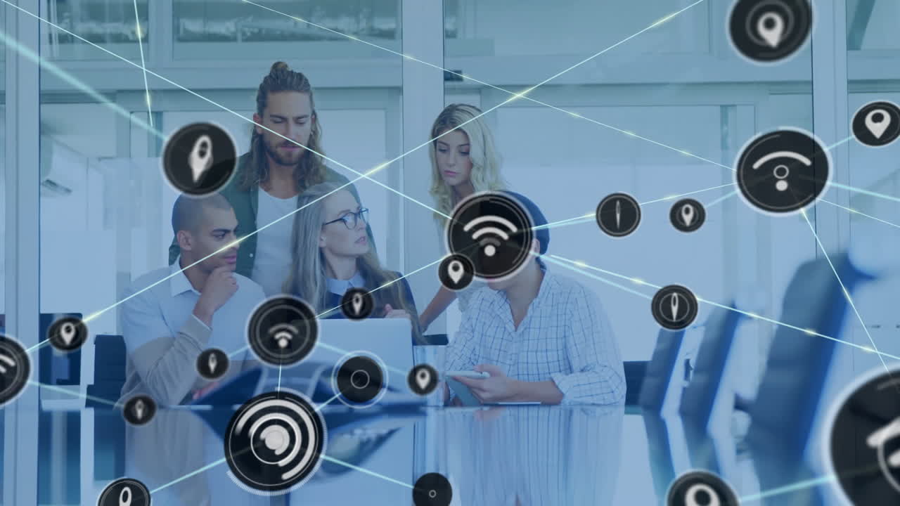 Animation of network of connections with icons over diverse colleagues ...