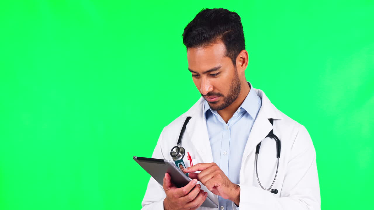 Premium stock video - Surgeon, scroll and man on tablet in green screen
